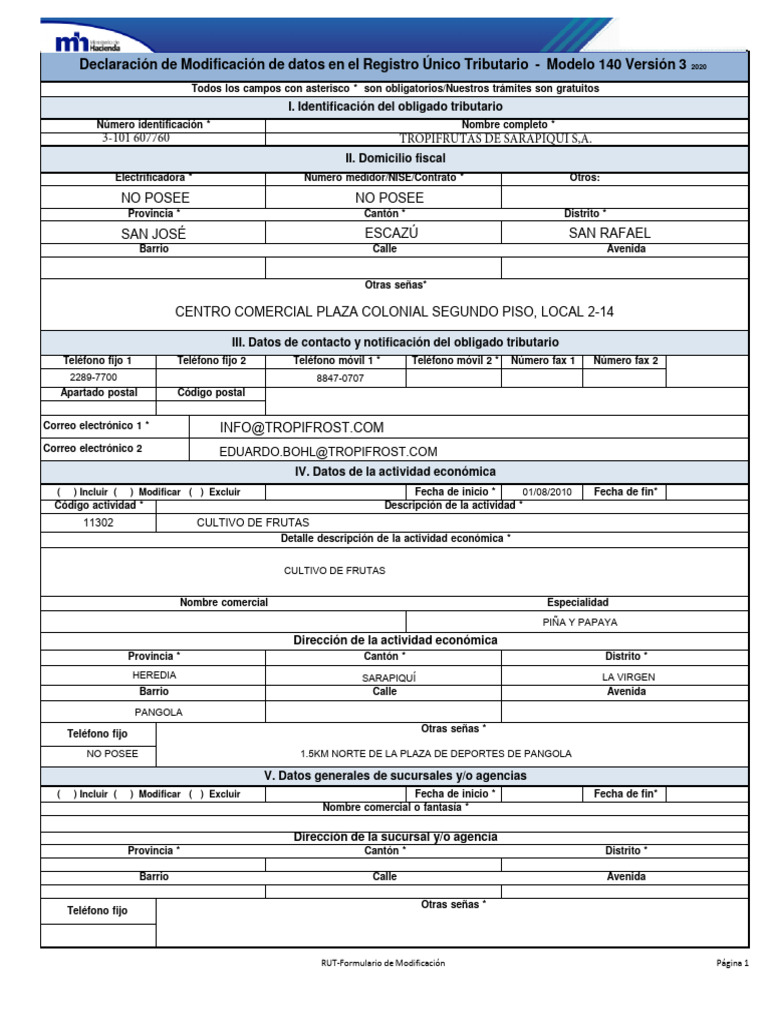 D140 - Declaracion de Modificacion en El Registro Unico Tributario | PDF