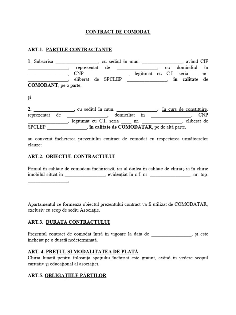 Model Contract de Comodat Asociatie | PDF