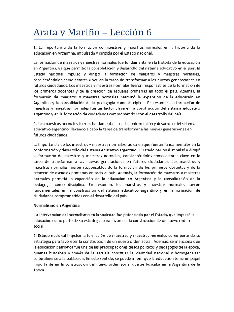 Arata y Mariño Leccion 6 Resumen | PDF | Pedagogía | Maestros
