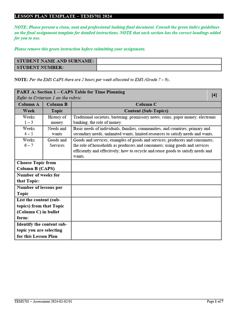 STADIO Editable Lesson Plan Template - TEMS701-SS1 2024 | PDF | Lesson ...