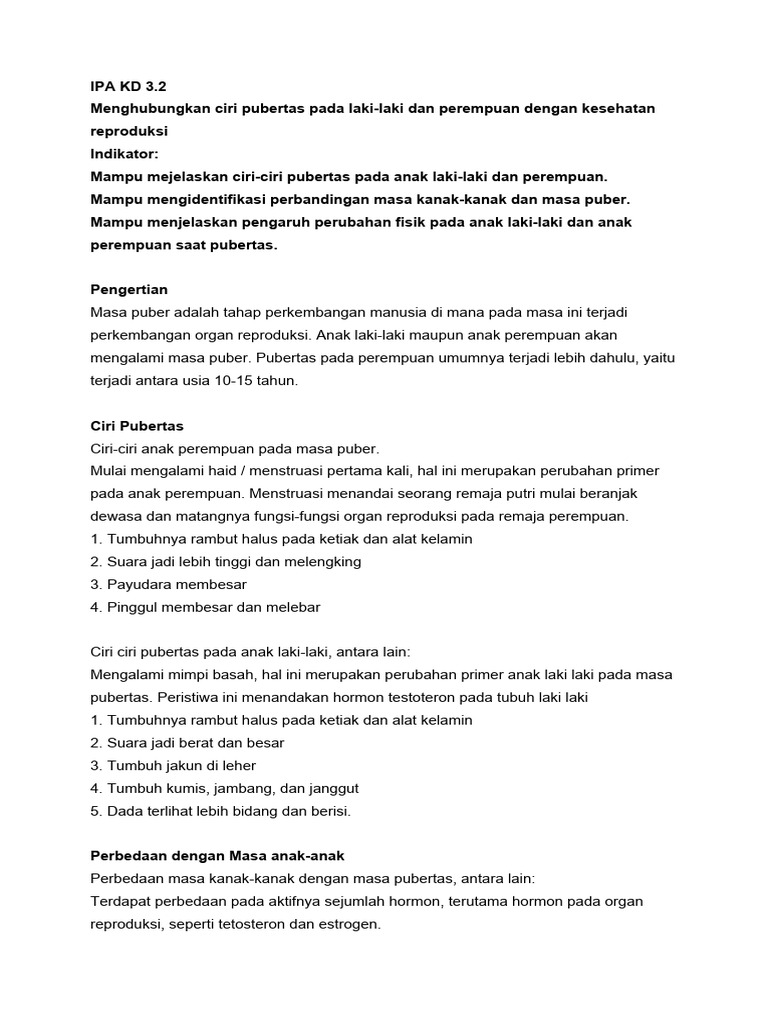 Catatan Materi Pubertas Kelas 6 | PDF