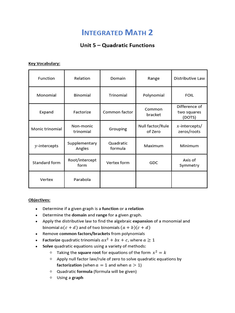 Math 2 Quadratic Functions Objectives | PDF | Quadratic Equation ...