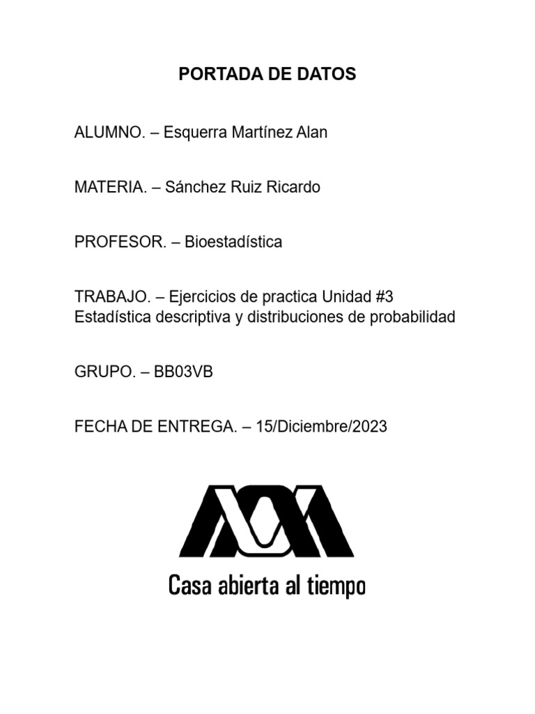 Esquerra Alan Ejercicios Bioestadistica Unidad #3 | PDF | Cocina, comidas y vino