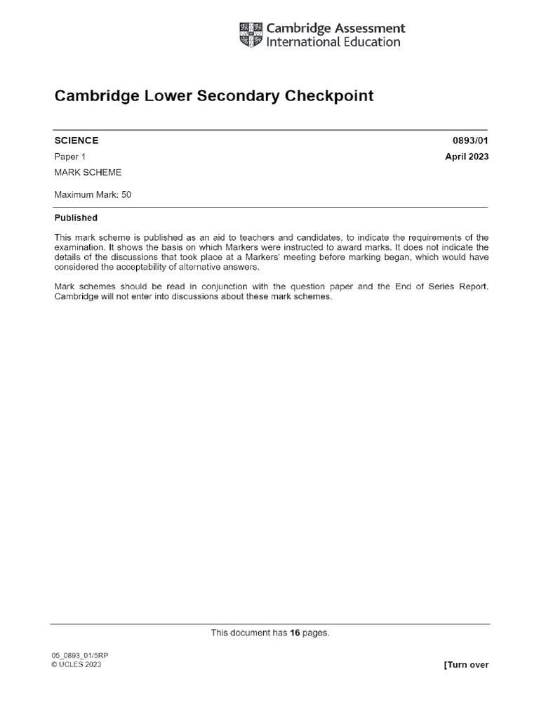 Checkpoint Science Paper 1 Marking Scheme April 2023 | PDF