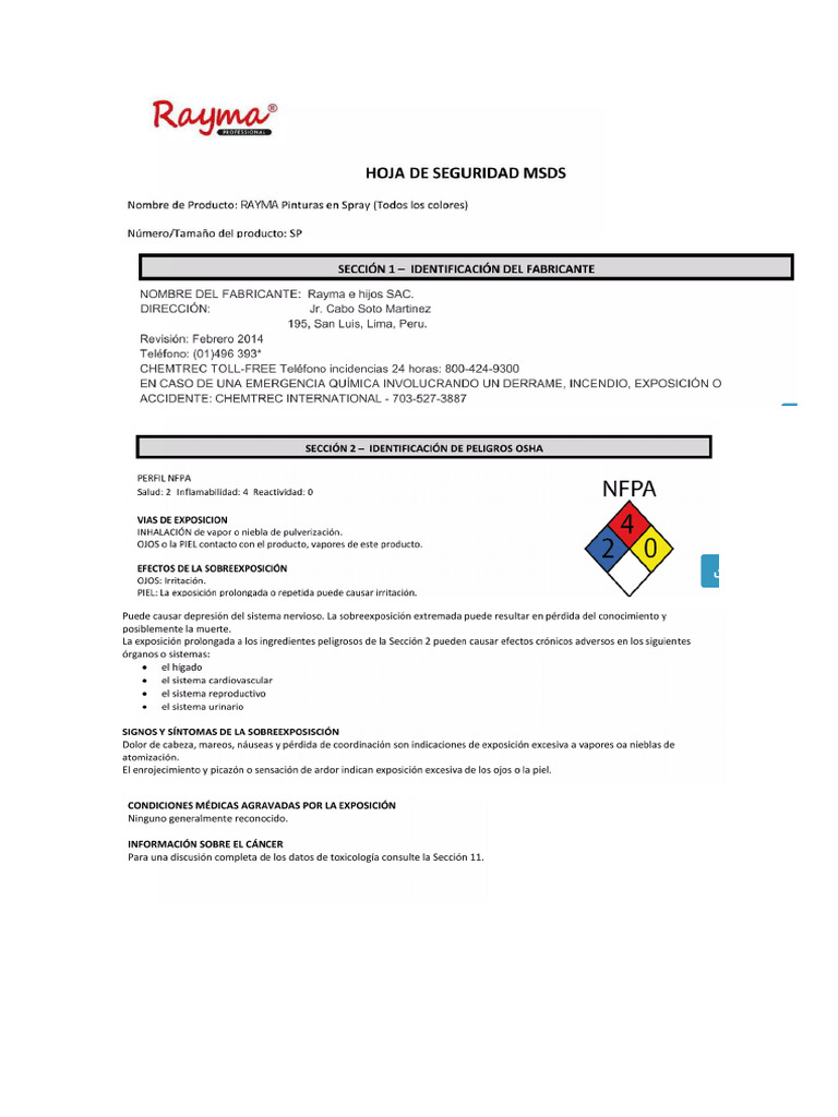 Hoja de Seguridad Rayma Spray | PDF
