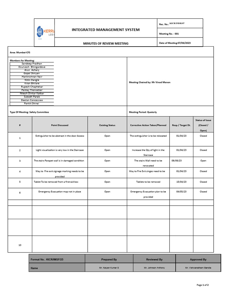 Mumbai - IFF Minutes of Review Meeting For Safety Commitee | PDF ...