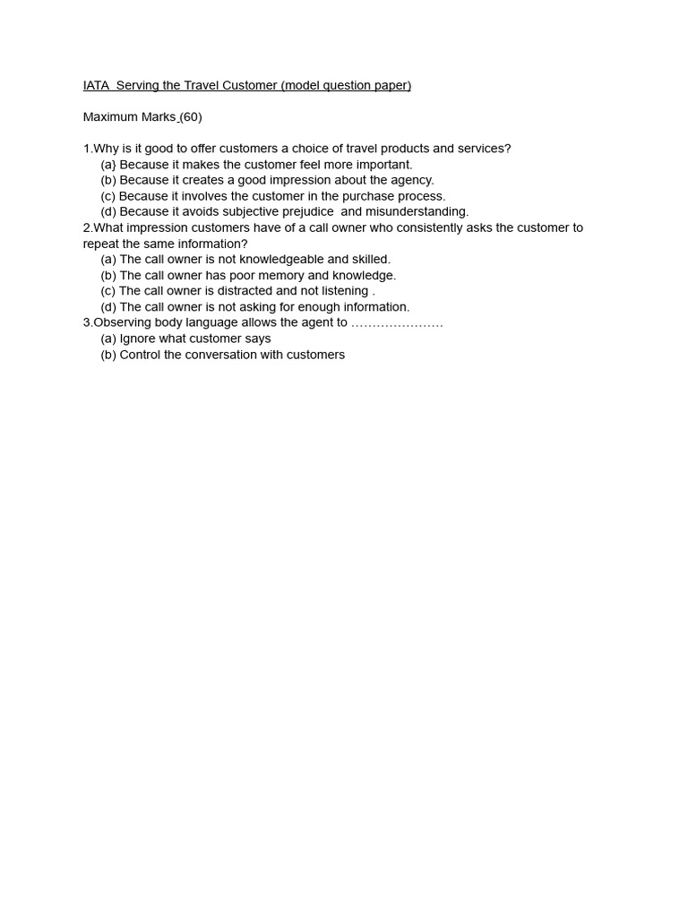 Iata Serving the Travel Customer Model Question Paper | PDF