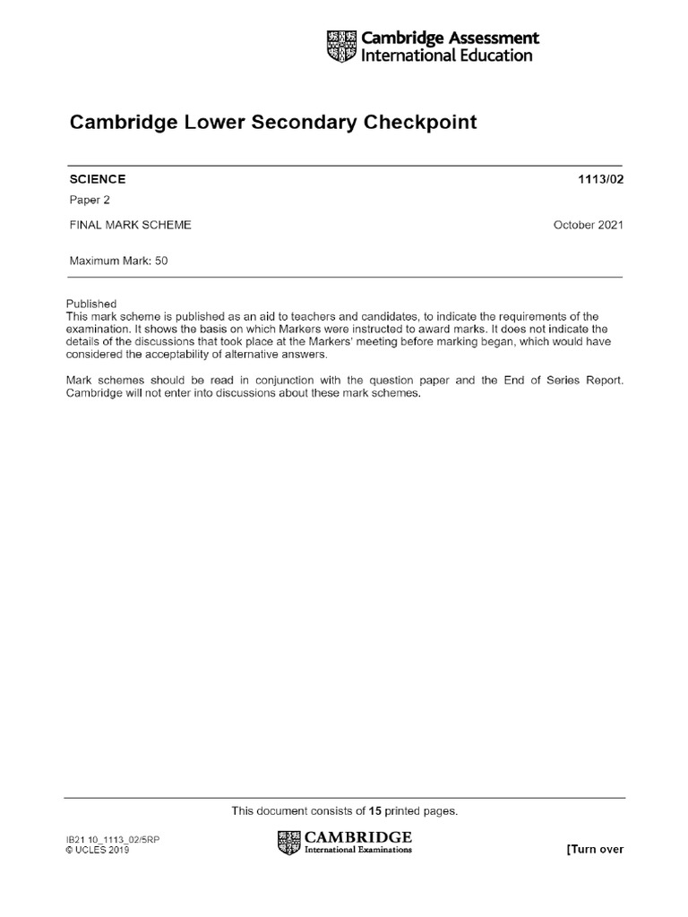 Cambridge Secondary Checkpoint - October 2021 Paper 2 Mark Scheme | PDF