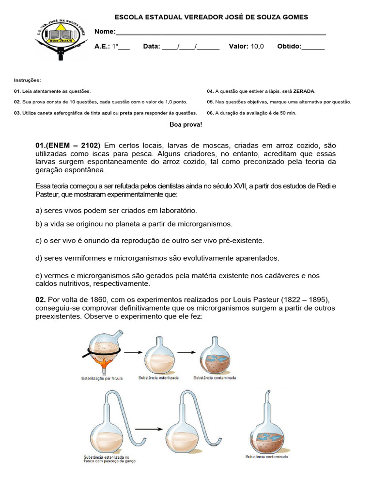 Prova 1o Ano Biologia 2o Bimestre | PDF | Vida | Abiogênese
