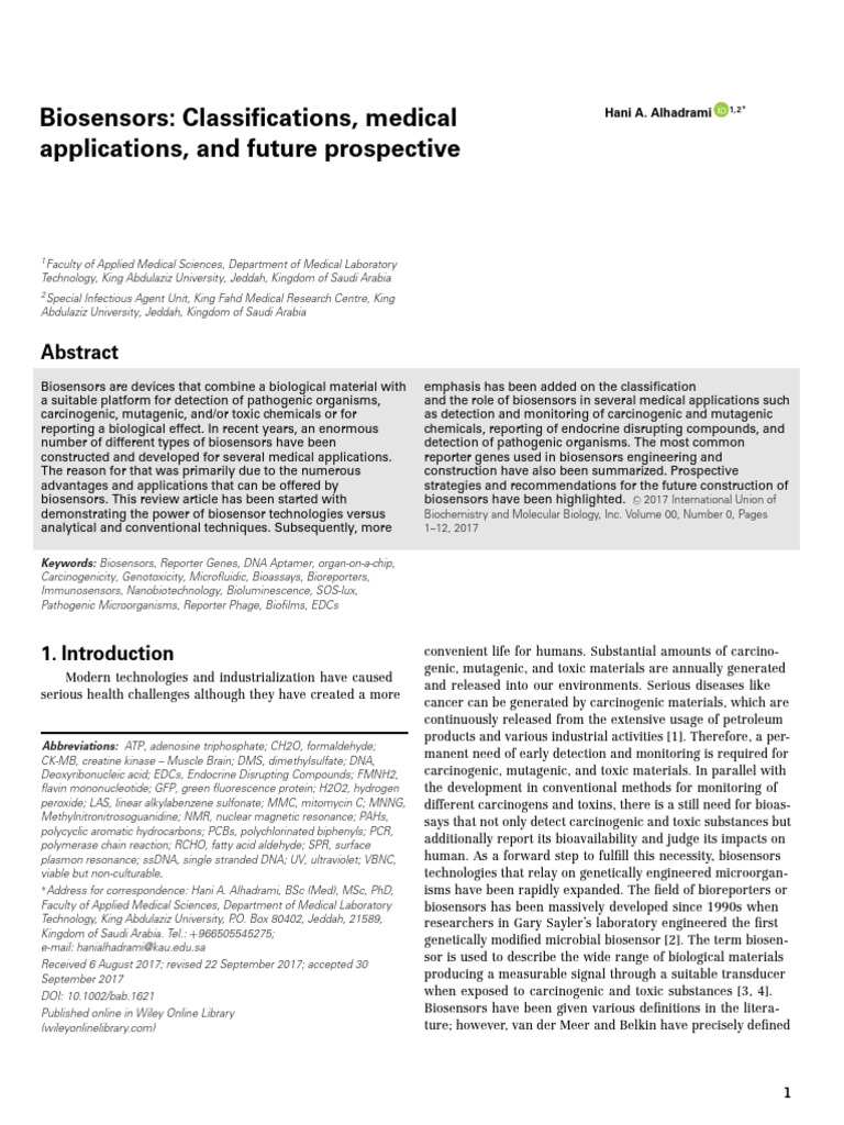 Biosensors Classifications, Medical Applications and Future Prospective | PDF | Biosensor | Cell ...