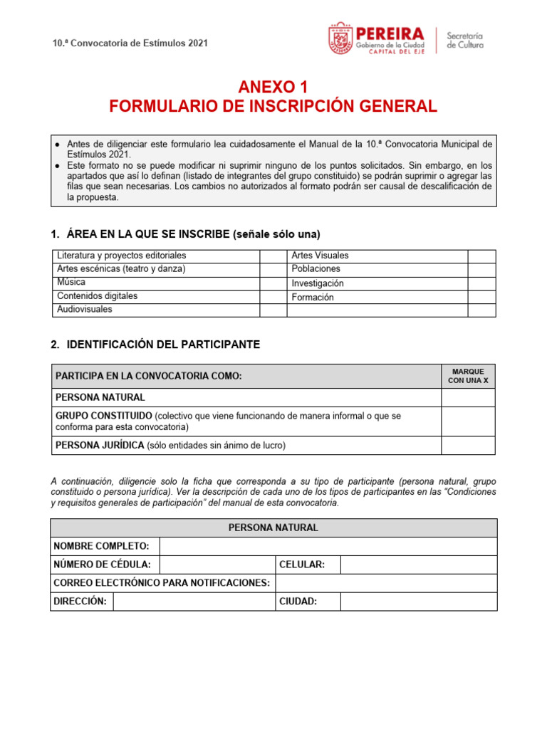 Anexo 1. FORMULARIO DE INSCRIPCIO_N GENERAL - Esti_mulos 2021 | PDF