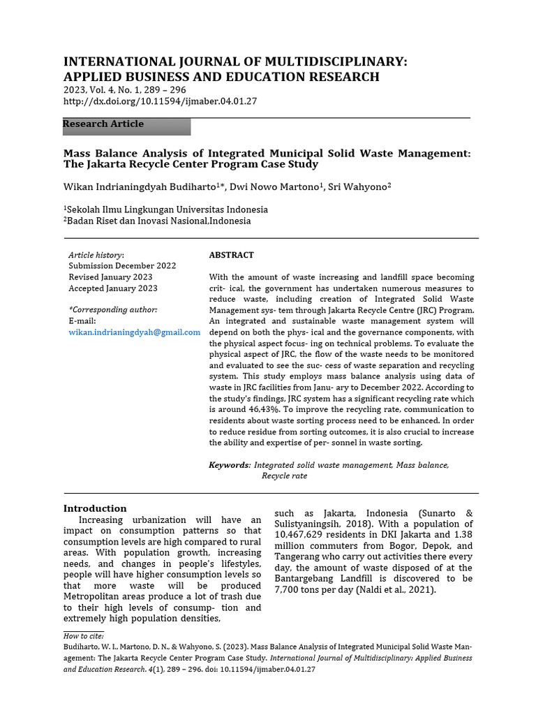 Mass Balance Analysisof Integrated Municipal Solid Waste Management The ...