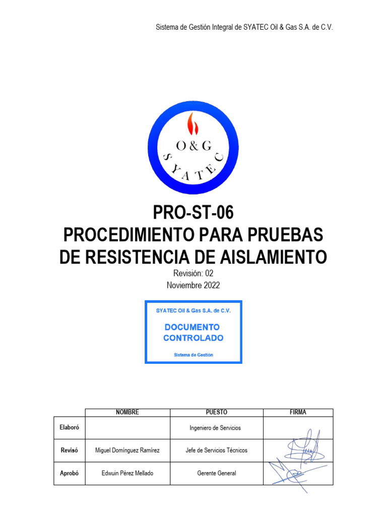 Pro-St-06 Procedimiento para Pruebas de Resistencia de Aislamiento | PDF | Aislador ...