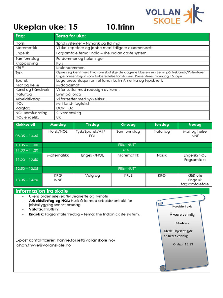Ukeplan Uke 15 | PDF