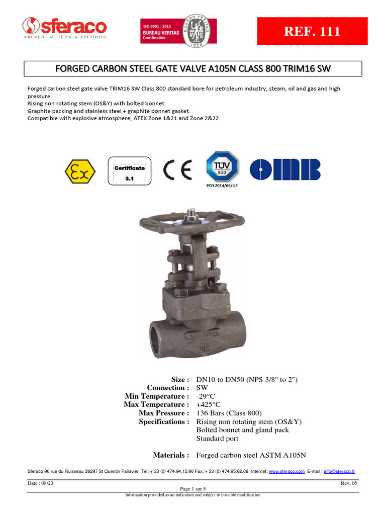 Technical Datasheet Forged Carbon Steel A105n Gate Valve Trim16 Class800 SW | Download Free PDF ...
