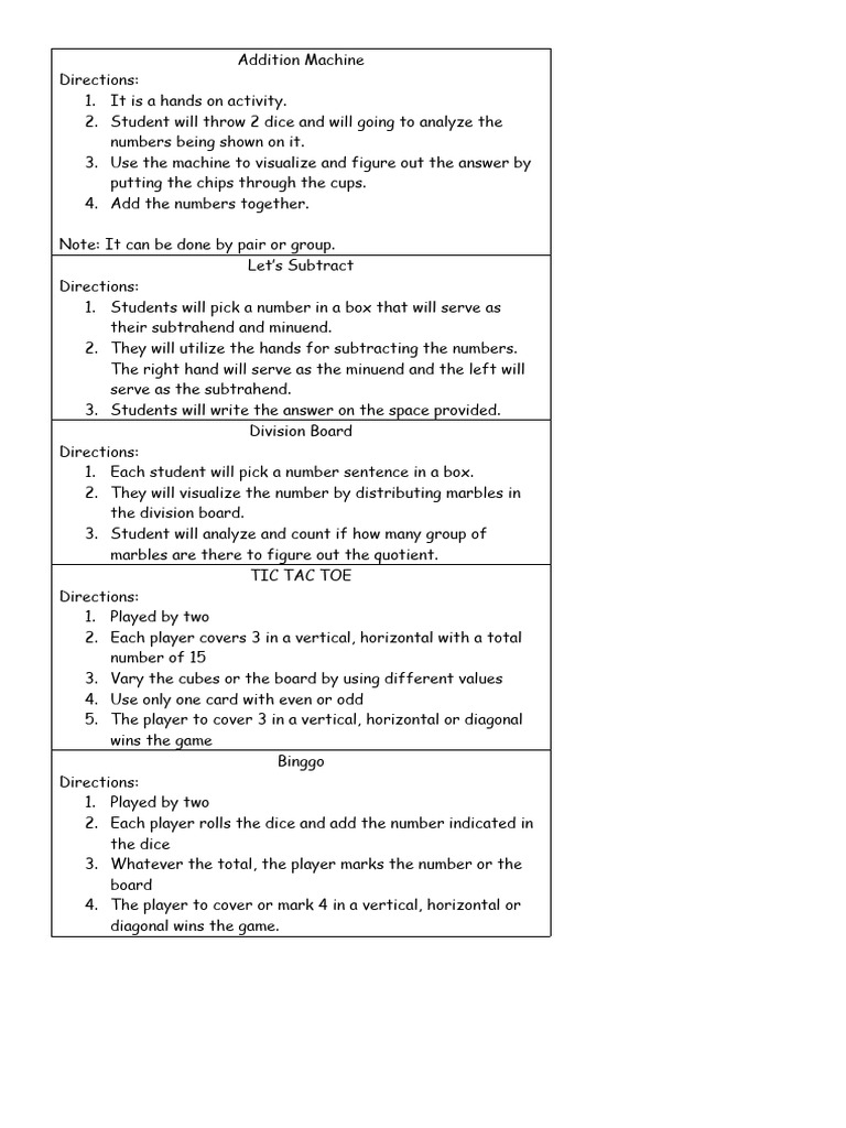 Rules On Mathematics Activity | PDF | Subtraction | Mathematics