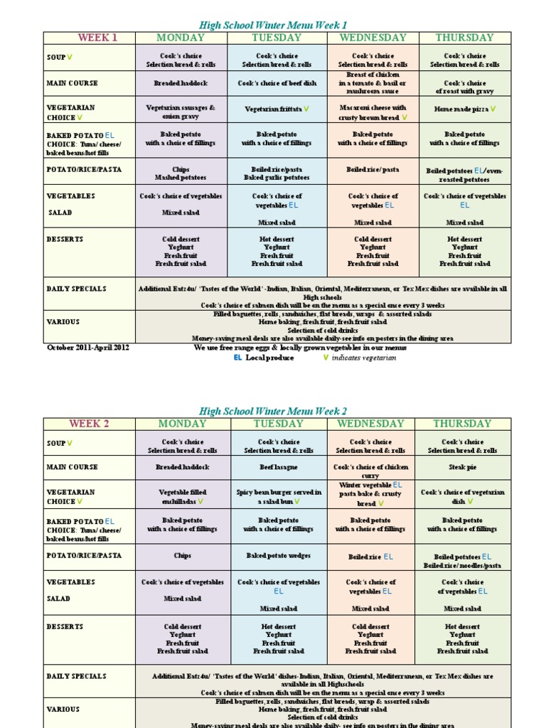 High School Winter Menu Overview | PDF | Salad | Potato