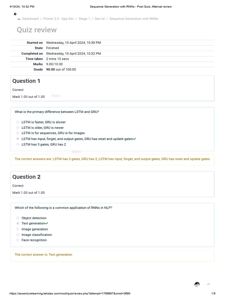 Sequence Generation With RNNs - Post Quiz - Attempt Review | PDF | Machine Learning | Applied ...