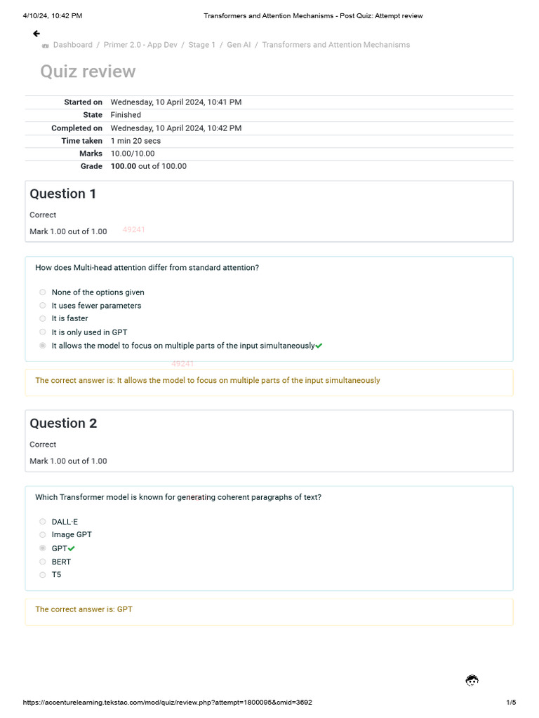 Transformers and Attention Mechanisms - Post Quiz - Attempt Review | PDF | Machine Learning ...