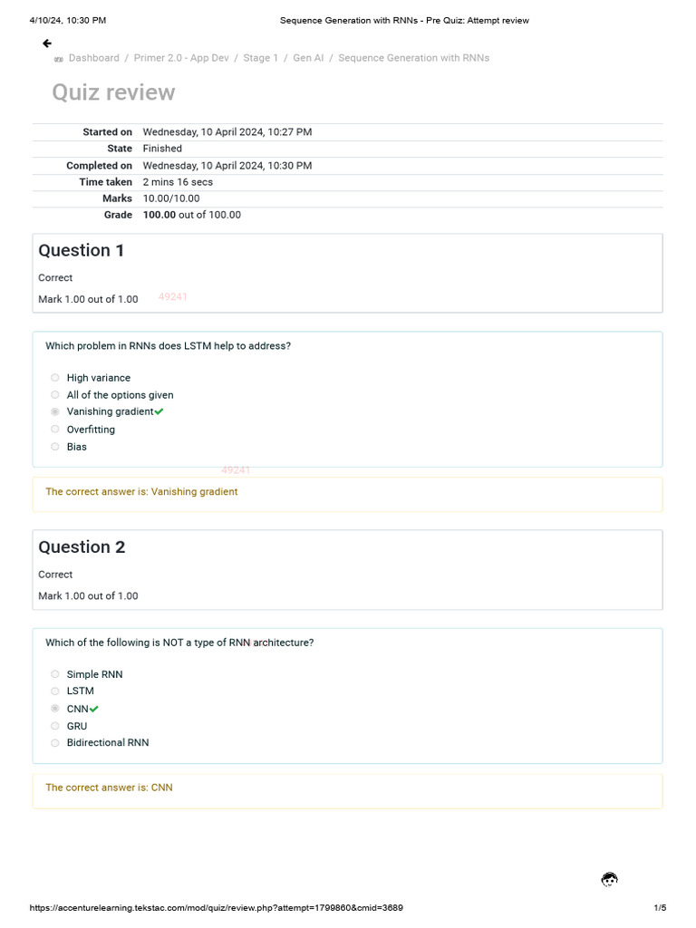 RNNs: Sequence Generation Pre Quiz Review | PDF | Artificial Neural ...