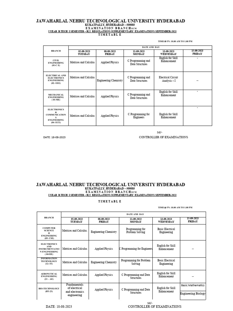 JNTUH B.Tech I Sem Exam Schedule | PDF | Engineering | Computer Science