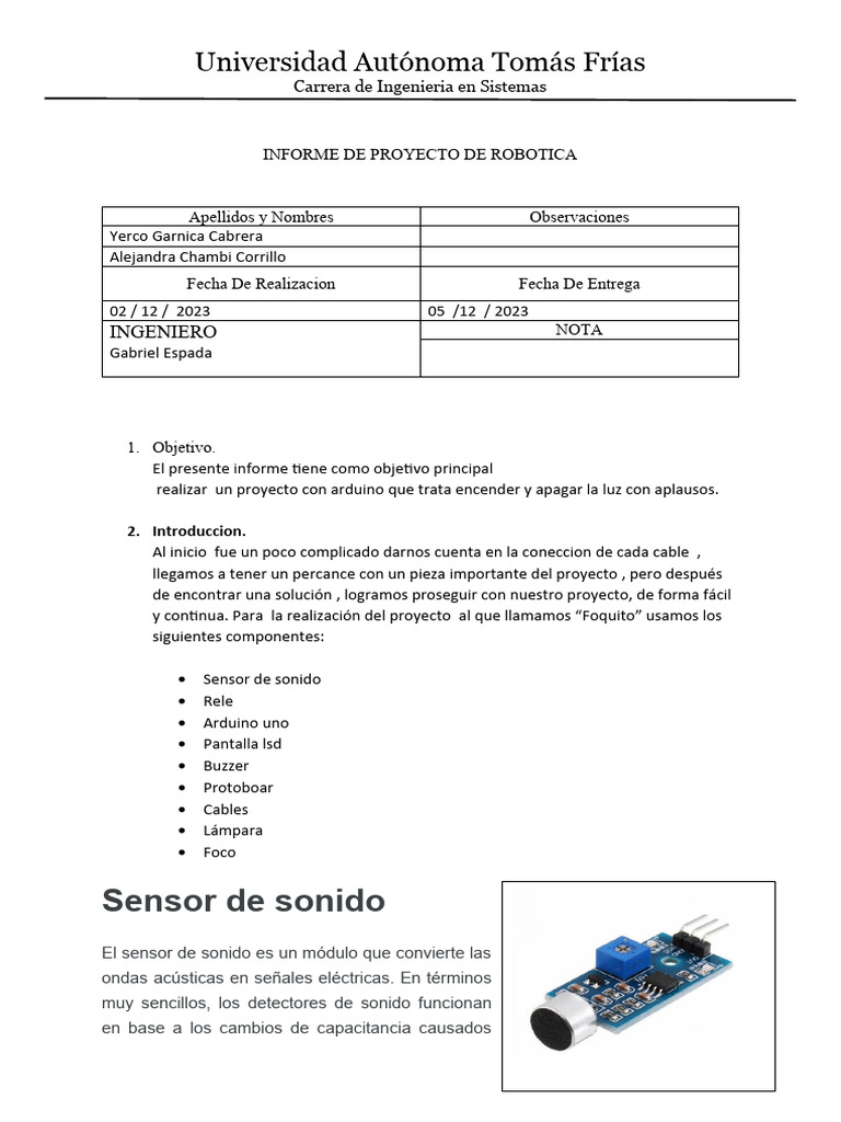 Proyecto Arduino: Luz por Aplausos | PDF | Arduino | Ingenieria Eléctrica