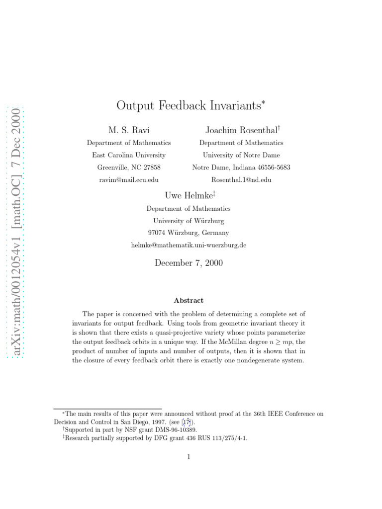 Output Feedback Invariants Rosenthal et Al | PDF | Group (Mathematics ... Output Feedback Invariants Rosenthal et Al | PDF | Group (Mathematics ...