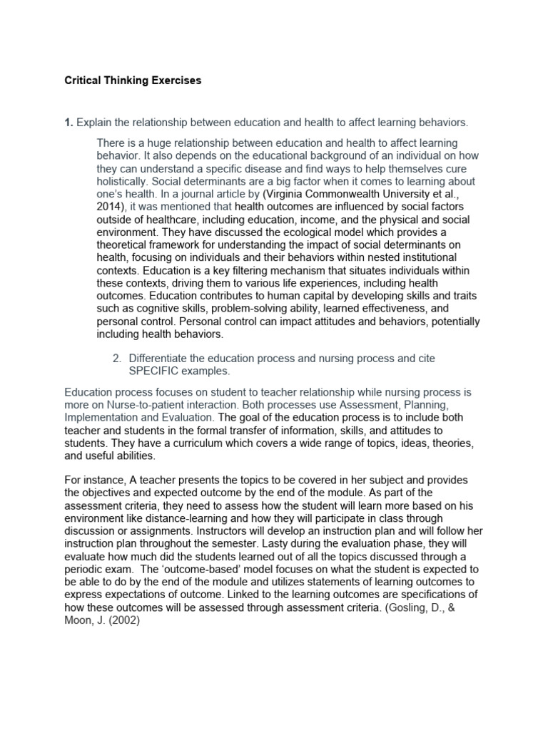 Critical Thinking Exercises | PDF | Attitude (Psychology) | Nursing