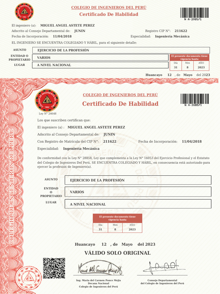 Certificado de Habilidad N°-208571 | Descargar gratis PDF | Ingeniería