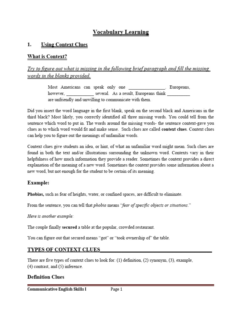 Context Clues for Vocabulary Learning | PDF | Word | Punctuation