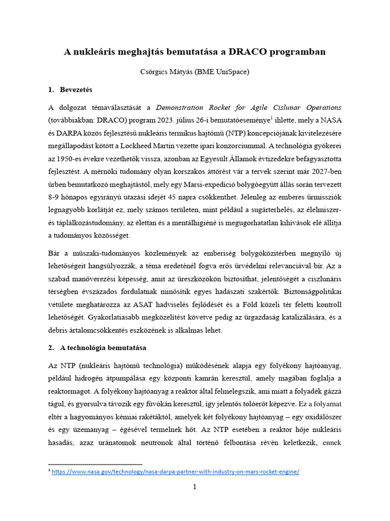 A Nukleáris Meghajtás Bemutatása A DRACO Programban | PDF