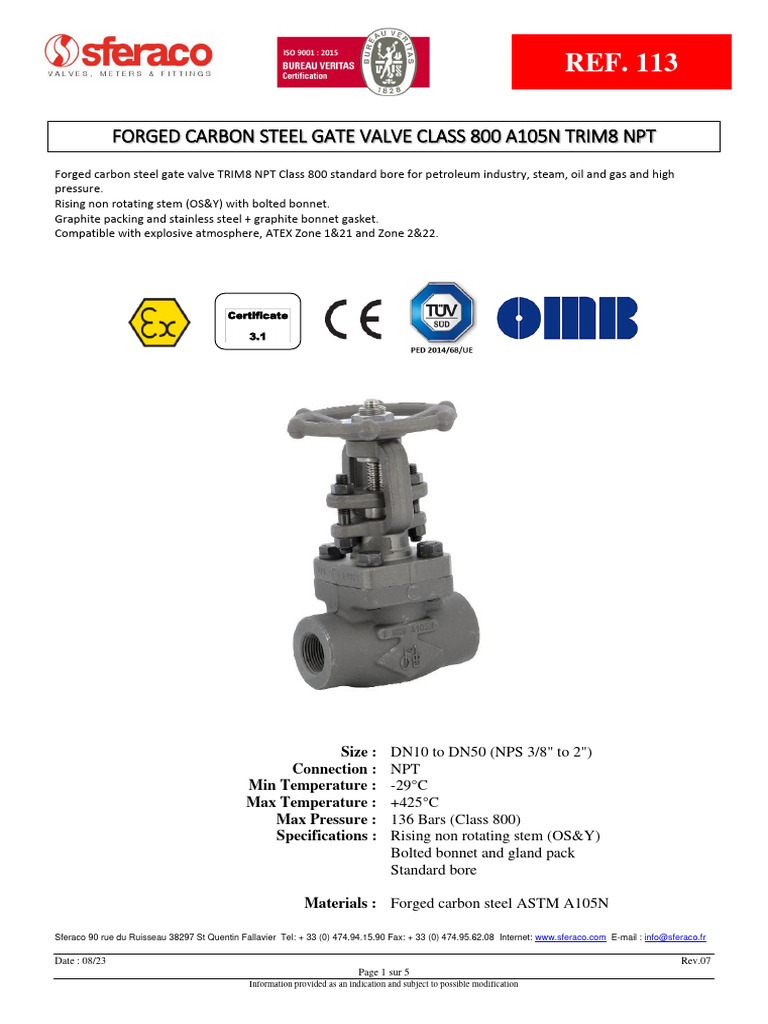 Technical Datasheet Forged Carbon Steel A105n Gate Valve Trim8 Class800 NPT | Download Free PDF ...