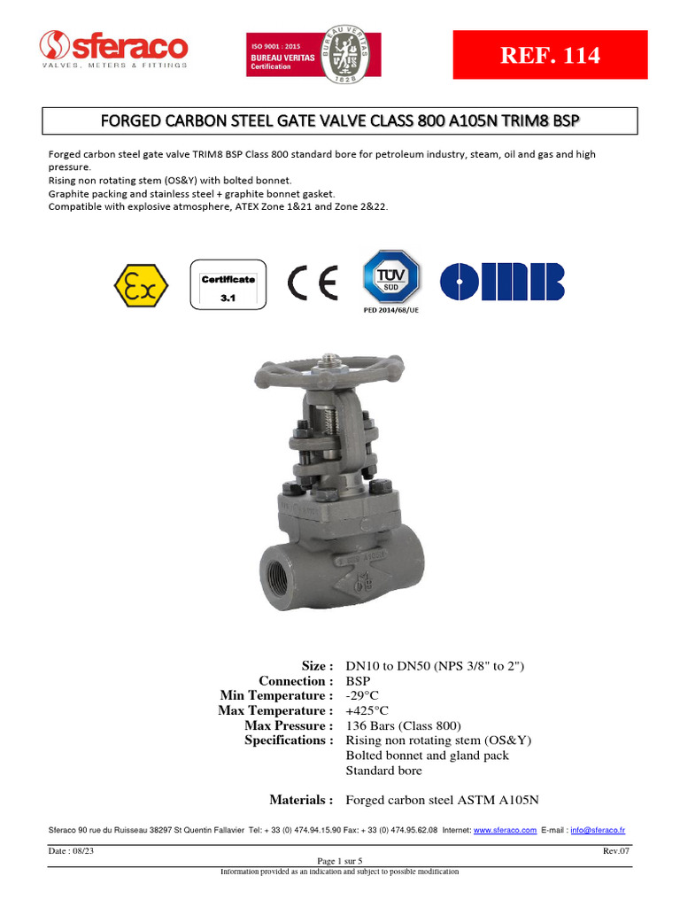 technical_datasheet_forged_carbon_steel_a105n_gate_valve_trim8_class800_bsp | PDF | Valve ...