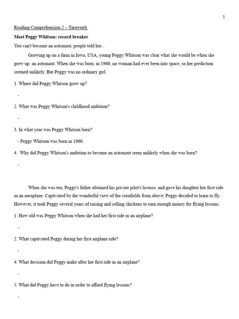 Reading Comprehension piggy - worksheet | PDF | Astronauts | Space ...