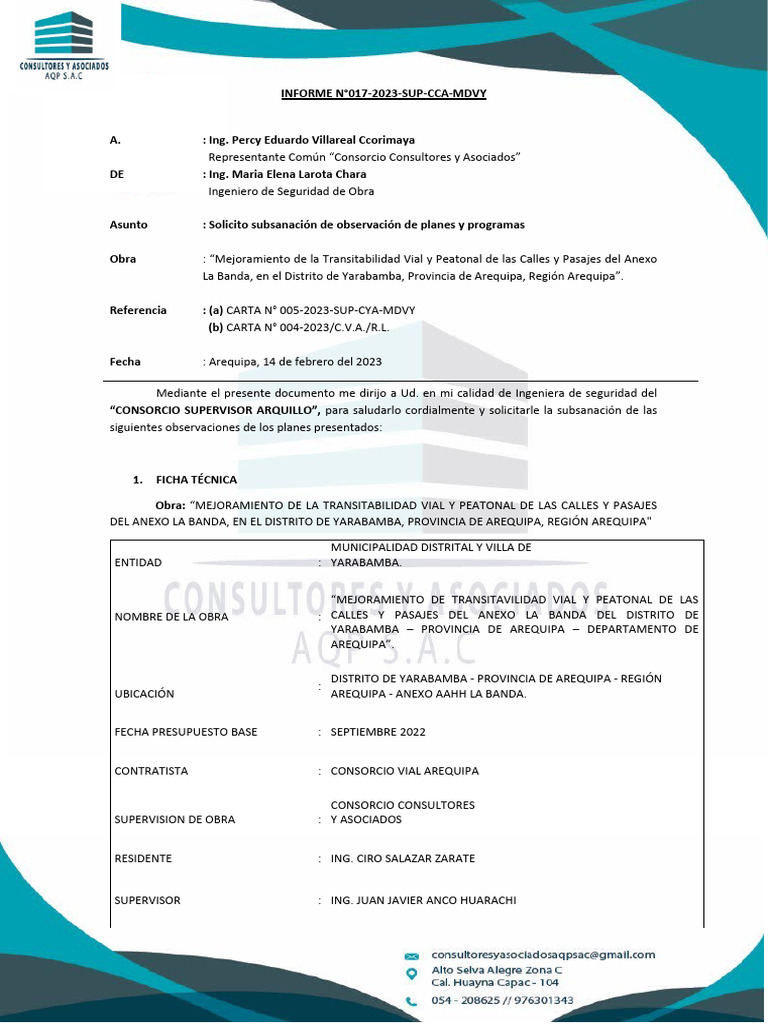 INFORME N°017-2023-SUP-CCA-MDVY Solicito Subsanación de Observación de Planes y Programas | PDF ...