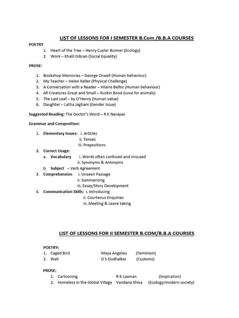 I Year B.com & B.B.A General English Revised Syllabus | PDF | English Language | Sentence ...