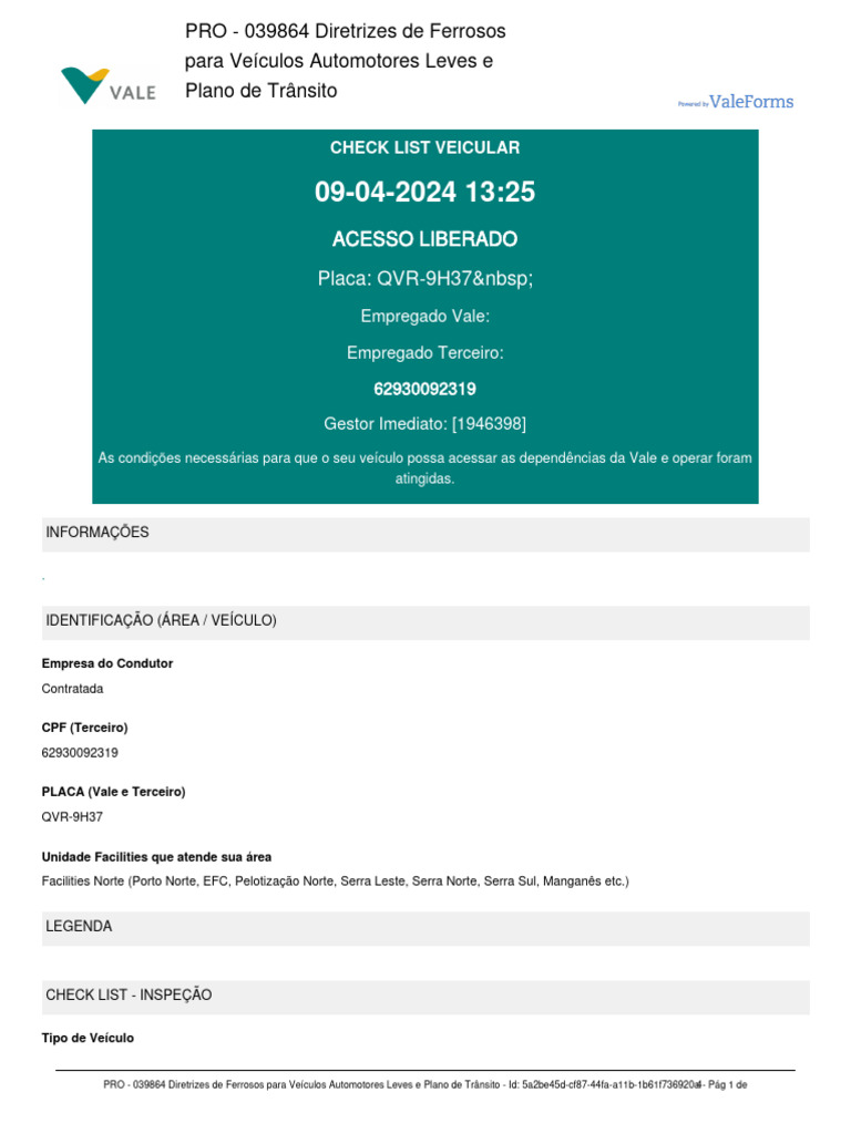 ValeForms Form Self Screening | PDF | Tráfego | Veículos