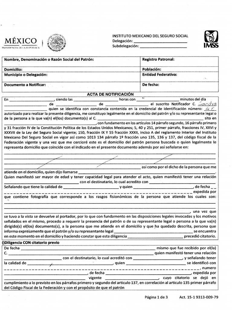 Acta de Notificación del IMSS (1) | PDF Acta de Notificación del IMSS (1) | PDF