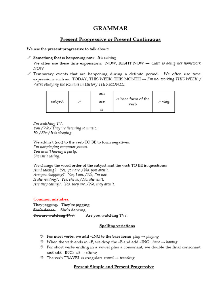 2nd Year Grammar - Present Progressive | PDF | Subject (Grammar) | Verb