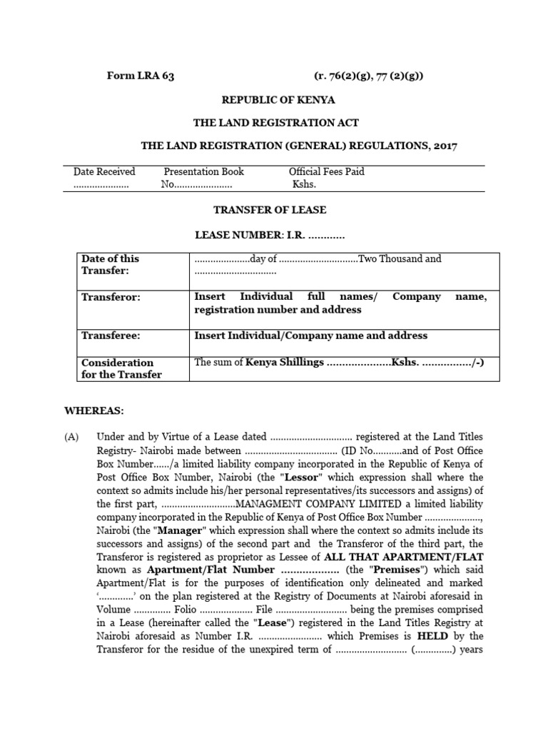Transfer of Lease Form LRA 63 Kenya | PDF | Lease | Natural Resources Law
