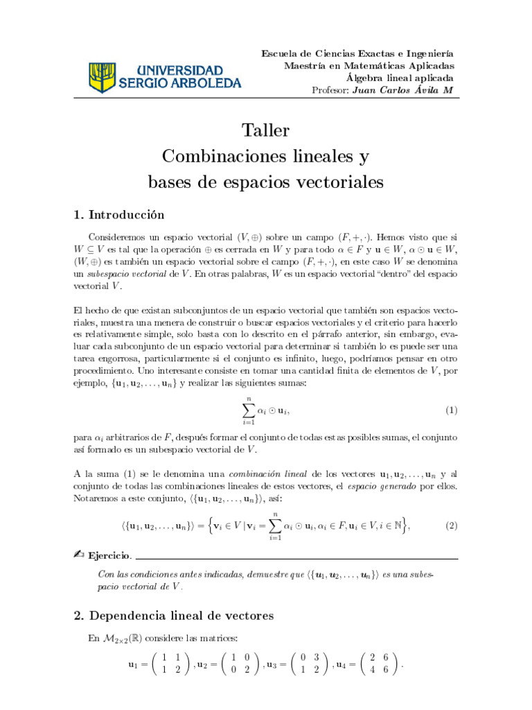 Taller_Combinacion_lineal | PDF | Espacio vectorial | Base (álgebra lineal)