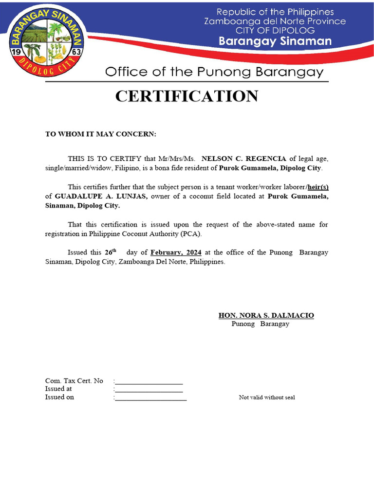Brgy Certification For Pca Membership | PDF