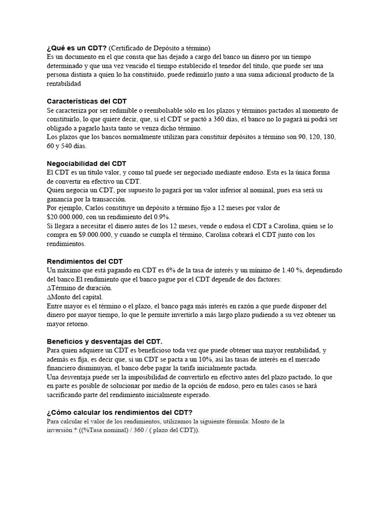 Guía Completa sobre CDT: Rentabilidad y Características | PDF | Bancos ...