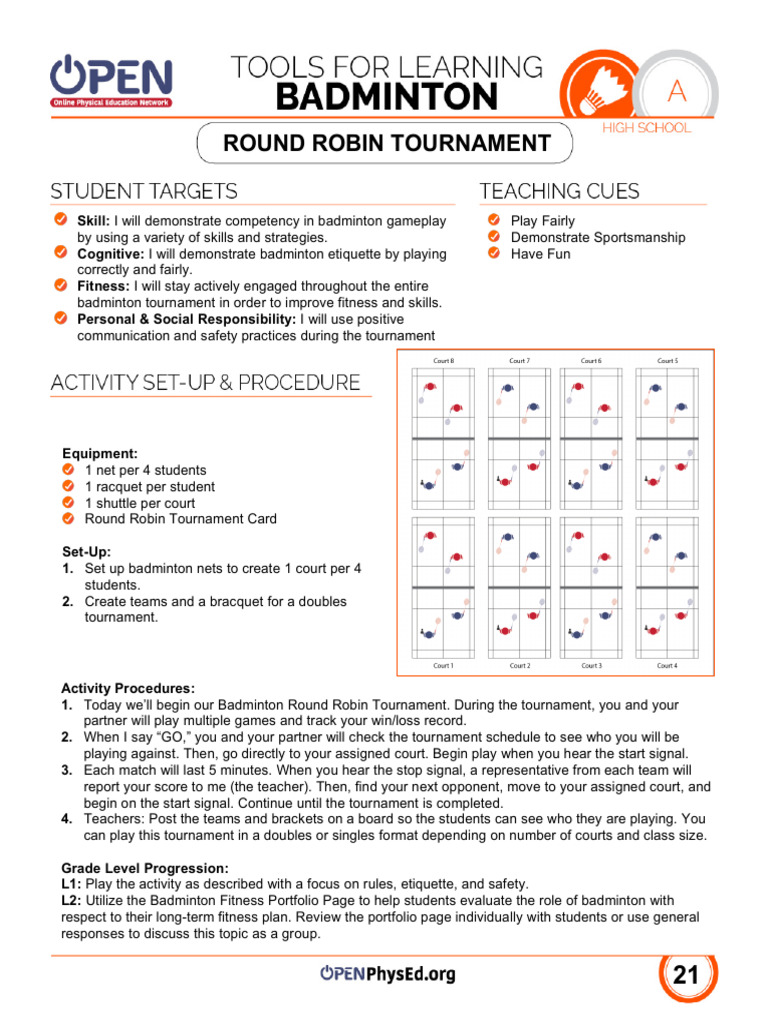 H 02 03 Badminton Activities 08 RoundRobinTournament | PDF | Physical ...