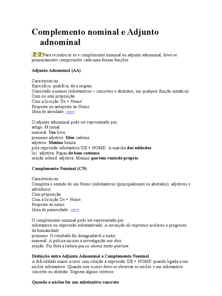 Complemento Nominal e Adjunto Adnominal | PDF | Substantivo | Gramática