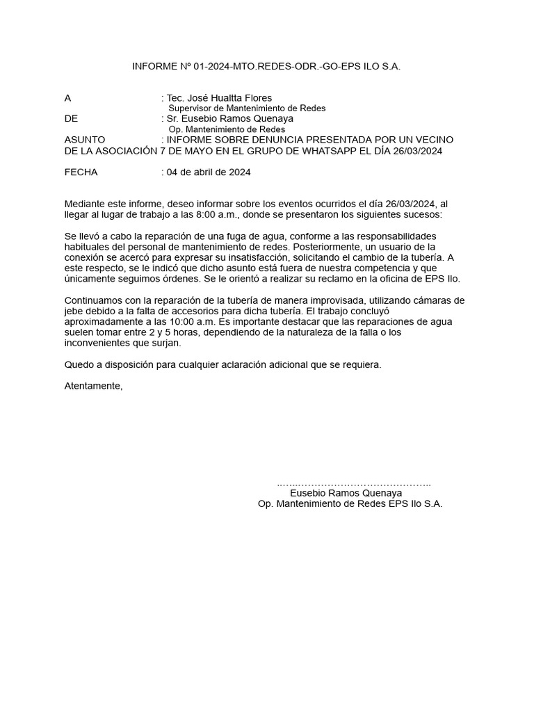 Informe #01-2024-Mto | PDF | Hogar, jardinería y bricolaje | Tecnología