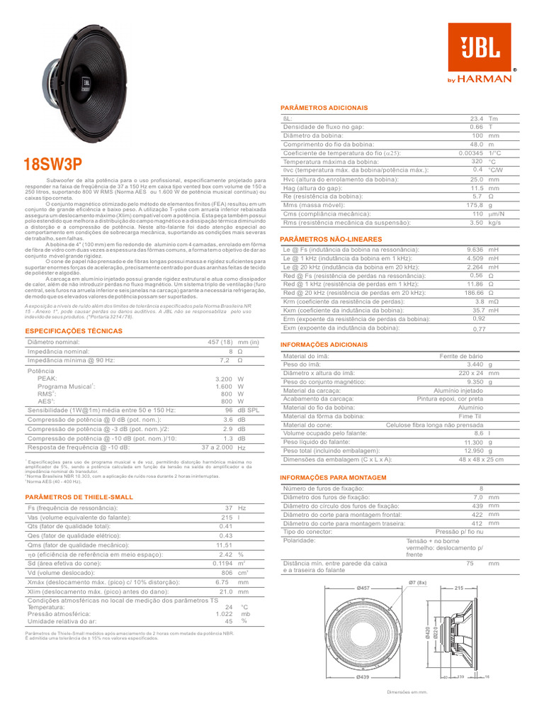 JBL Subwoofer 18SW3P 28026137 Spec Sheet BR | PDF | Indutor | Decibel
