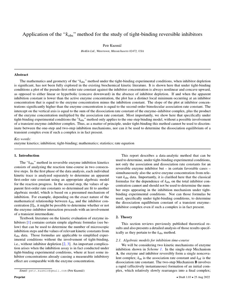 "kobs Method for Tight-Binding Inhibitors" | PDF | Enzyme Inhibitor ...