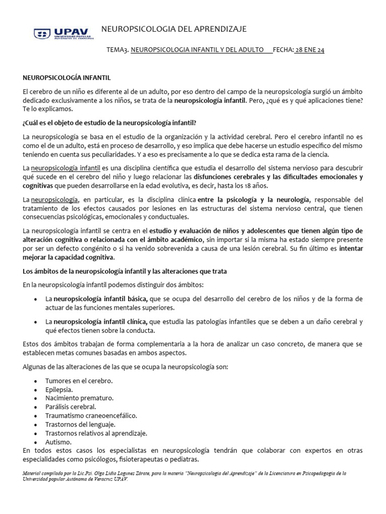 Tema 3 Neuropsicologia Del Aprendizaje Pdf Neuropsicología Neurología