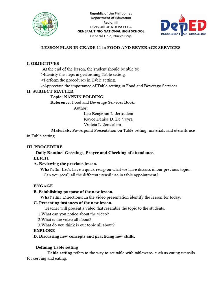 2nd COT LESSON PLAN FOOD AND BEVERAGE | Download Free PDF | Learning | Cognition